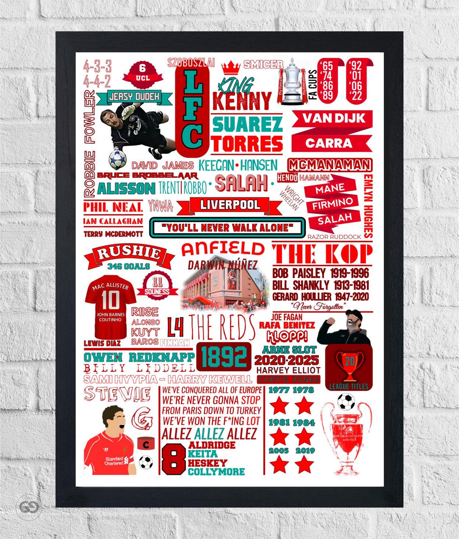 Liverpool FC Legends Football Poster Doodle Text YNWA Print Wall Art ...
