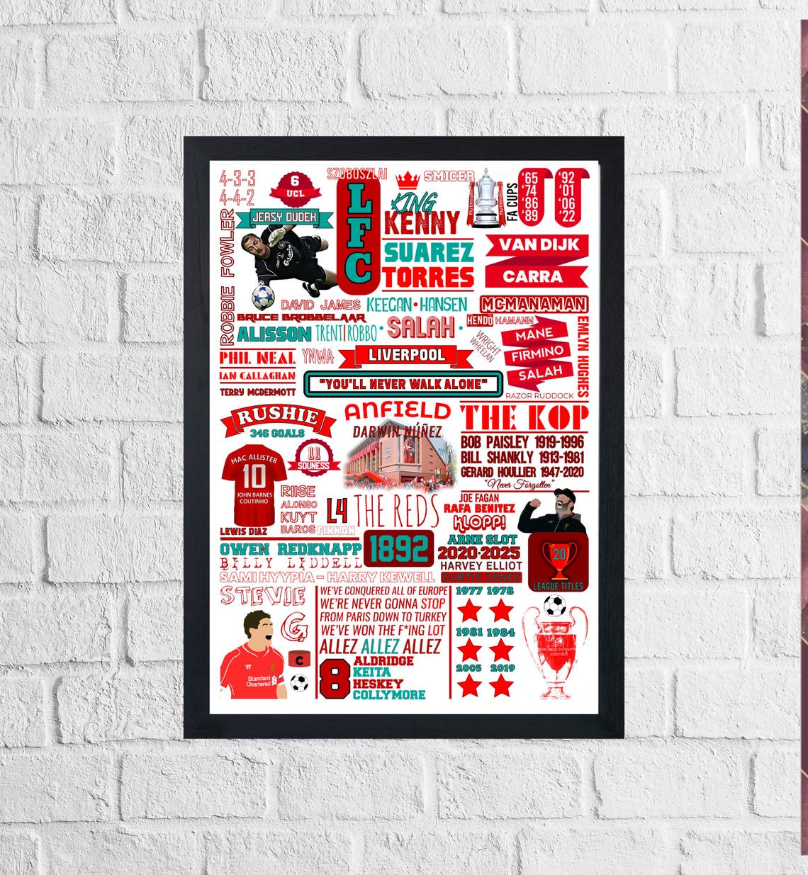 Liverpool FC Legends Football Poster Doodle Text YNWA Print Wall Art ...