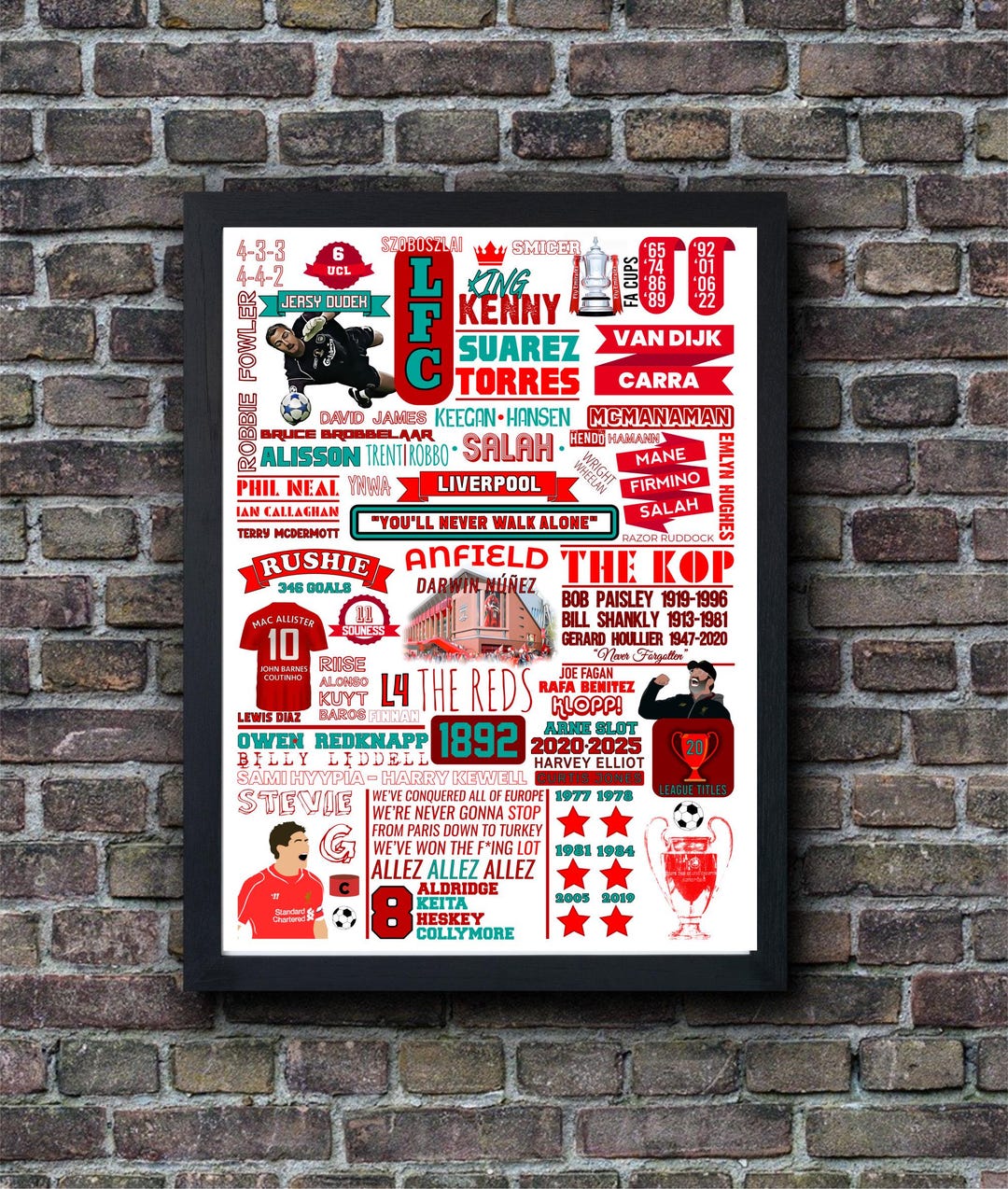 Liverpool FC Legends Football Poster Doodle Text YNWA Print Wall Art ...