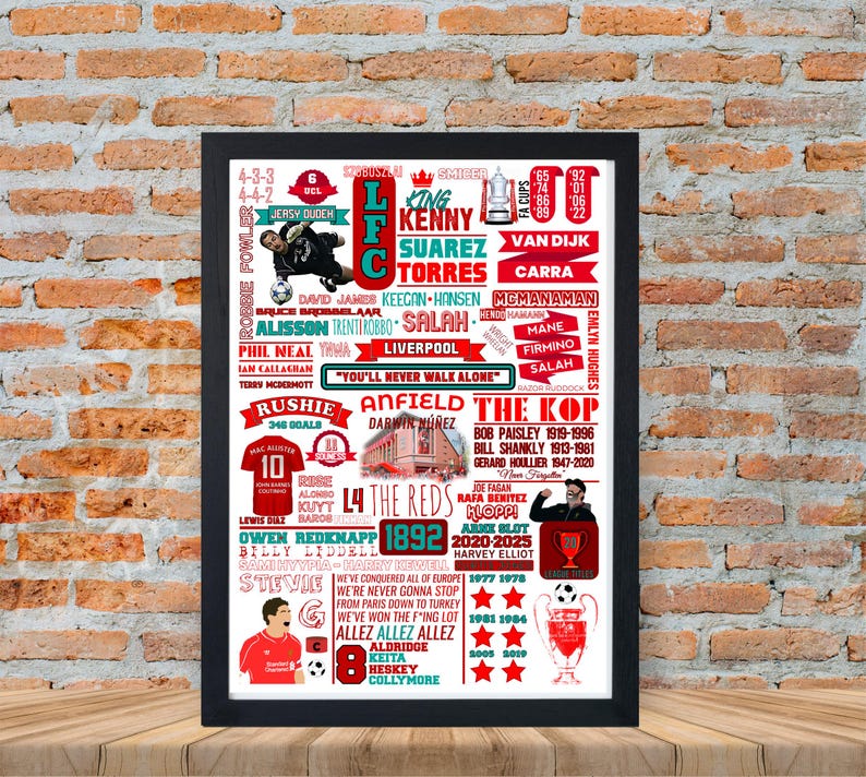 Liverpool FC Legends Football Poster Doodle Text YNWA Print Wall Art ...