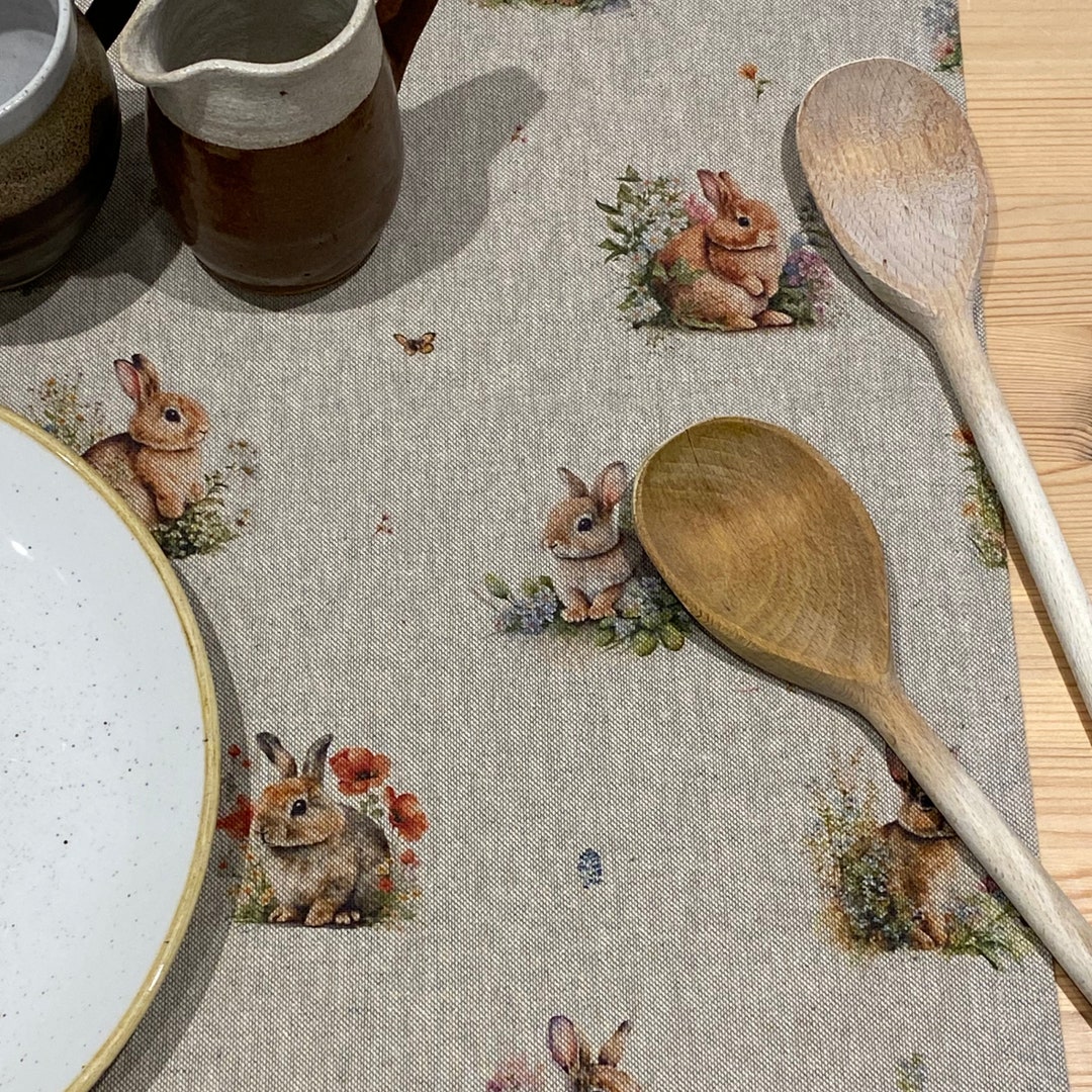 Rabbit Table Runner Featuring Cute Bunnies With Butterflies and Flowers ...