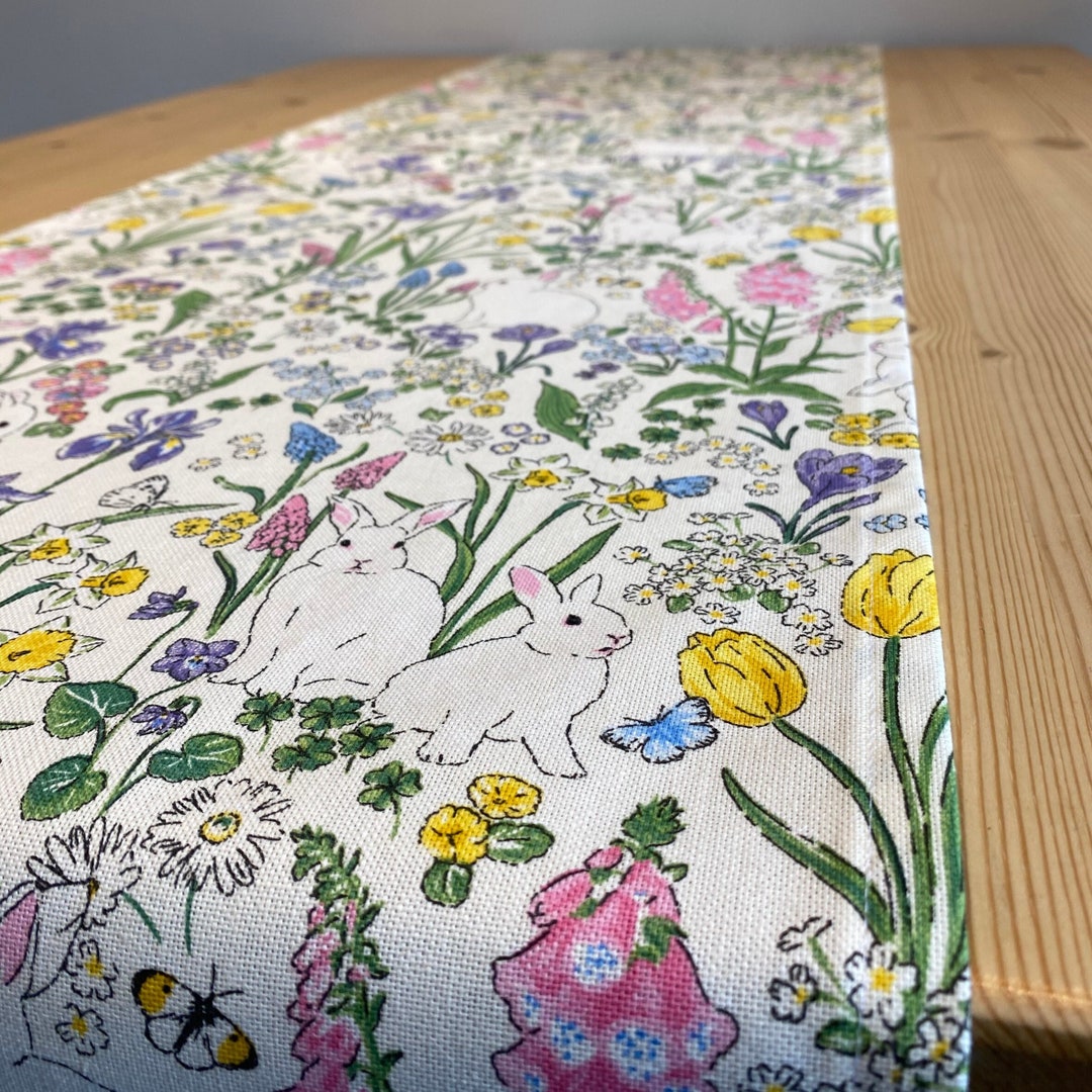 Floral Rabbit Table Runner With Colourful Spring Flowers, Table Linen ...