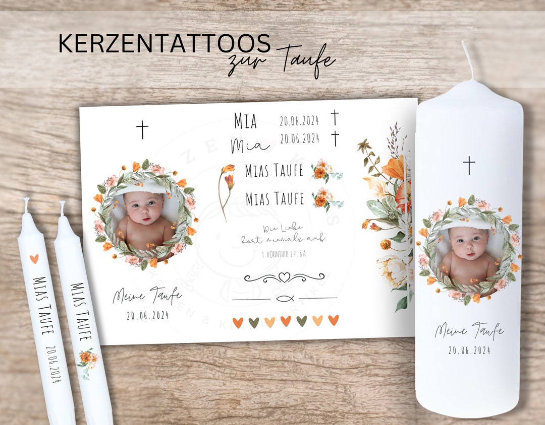 Foil for Baptism Candle FLOWER WREATH | Personalized as a Gift for ...