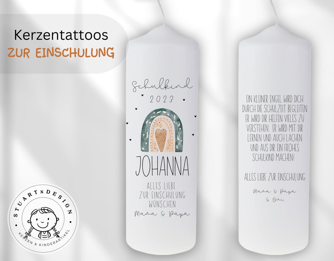 Kerze Einschulung Geschenk Wunschname 2023 Kerzentattoo Regenbogen Schulkind Junge & Mädchen ...