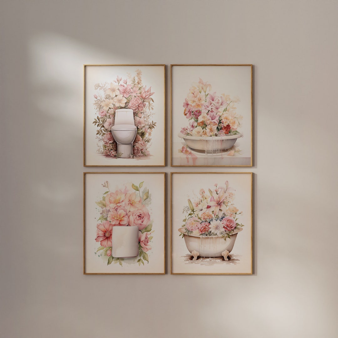 Floral Bathroom Print, Set of 4 Botanical Bathroom Prints, WC Poster ...