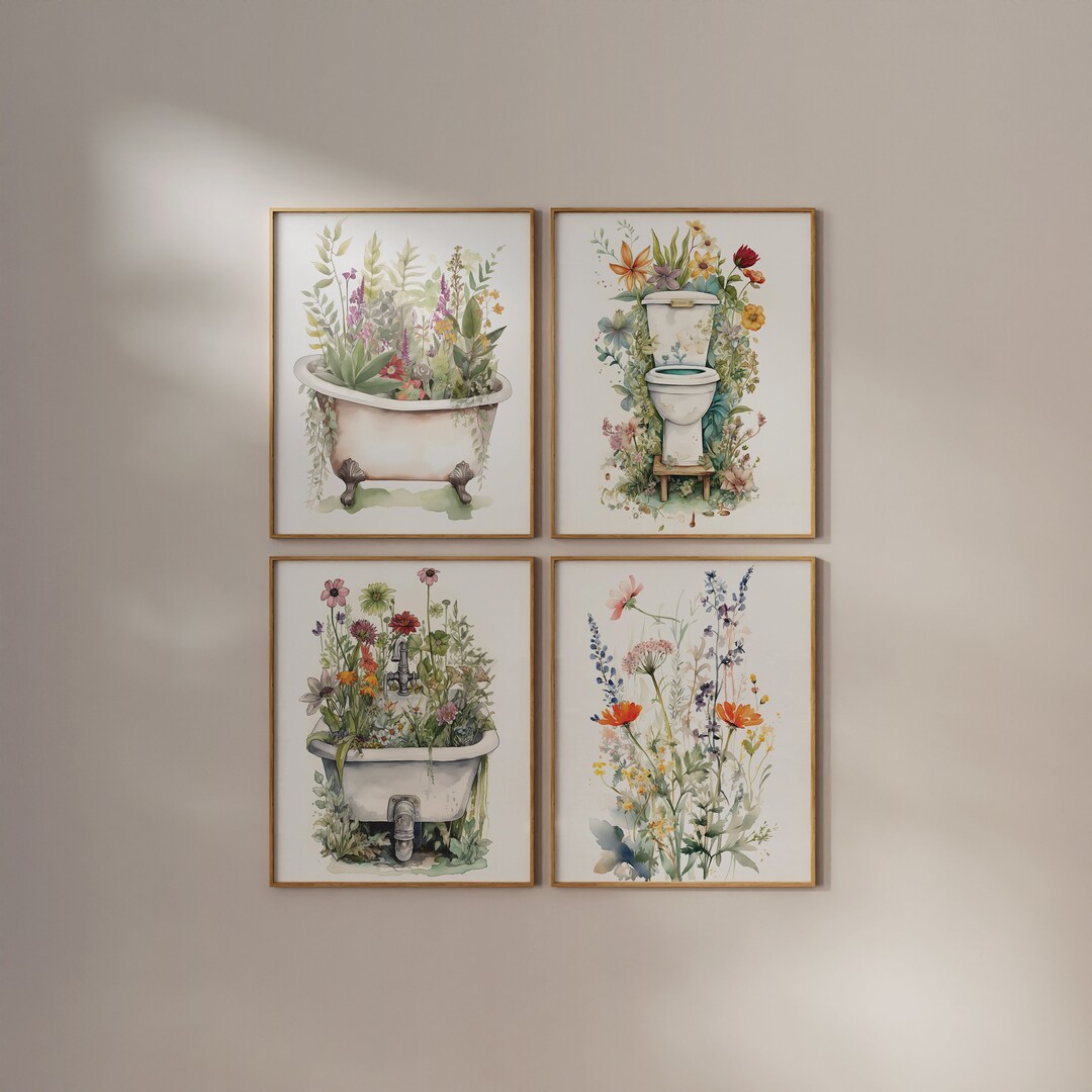 Botanical Bathroom Set of 4 Prints, Floral Bathroom Printable Wall Art ...
