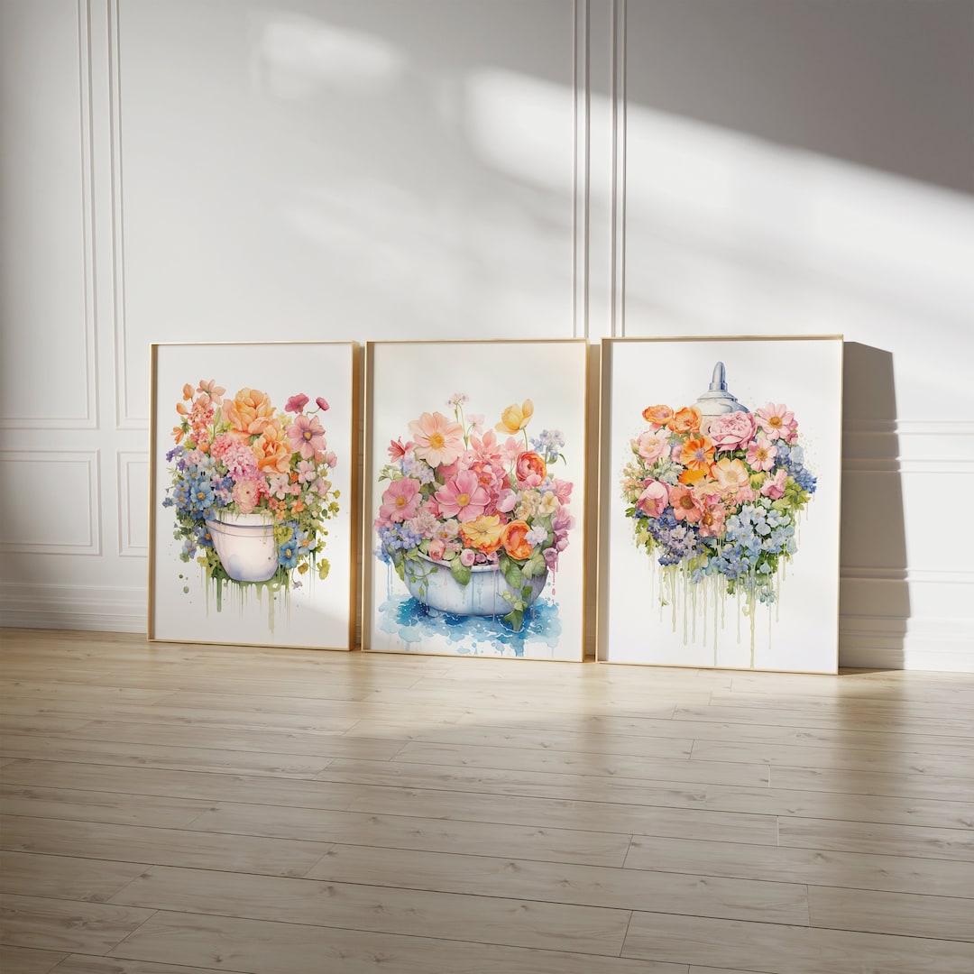Set of 3 Bathroom Prints, Floral Artwork, Watercolor Toilet Wall Decor ...