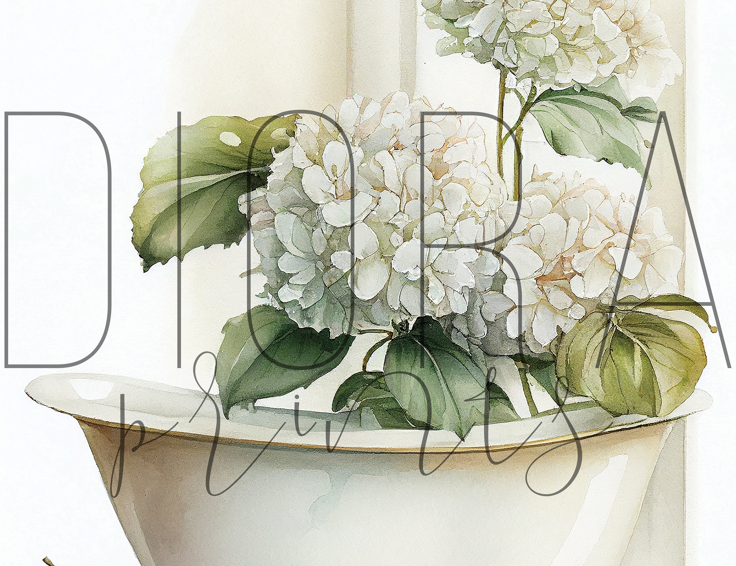Floral Bathroom Print, Printable Hydrangea Watercolor Art, Bathtub With ...