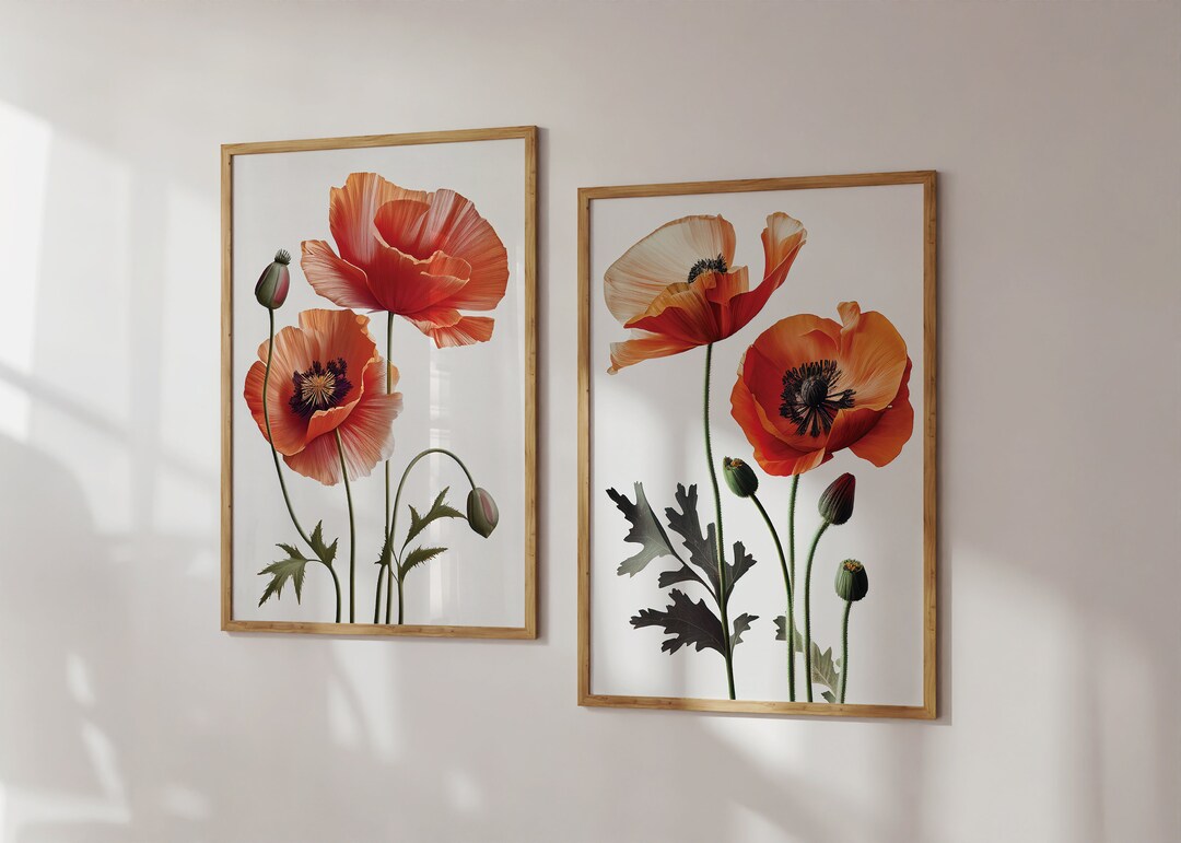 Poppy Flower Print, Set of 2 Poppy Flowers, Floral Wall Art, Flower Art ...