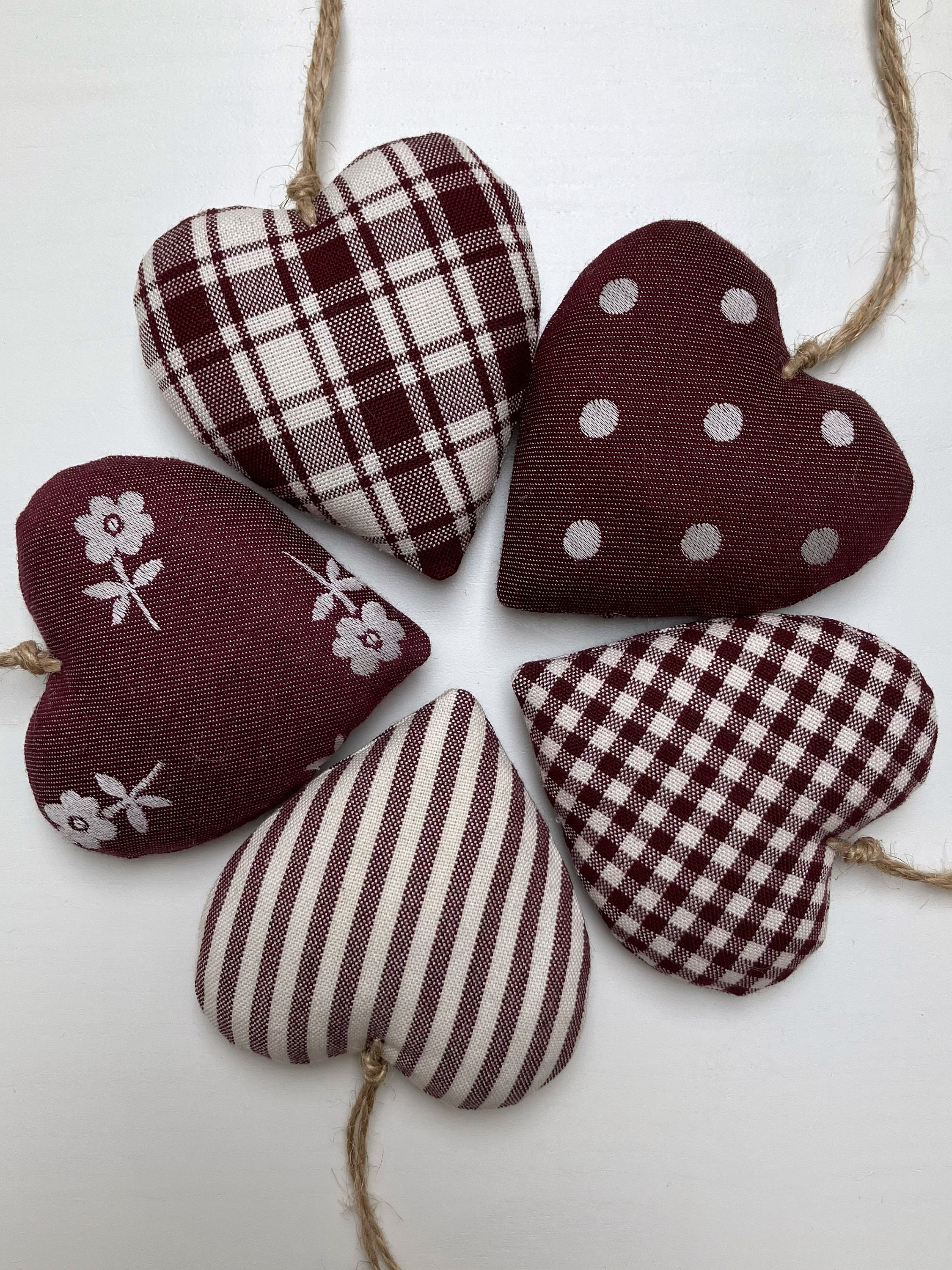 Fabric Hanging Hearts in Burgundy Color Palette Made From Canvas and ...