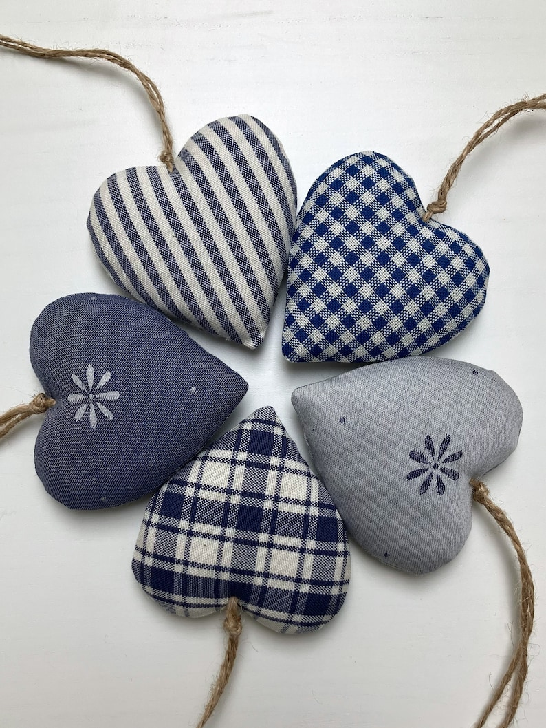 Fabric Hanging Hearts in Blue Color Palette Made From Canvas and ...
