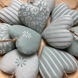 Fabric Hanging Hearts in Sage Green Color Palette Made From Canvas and ...