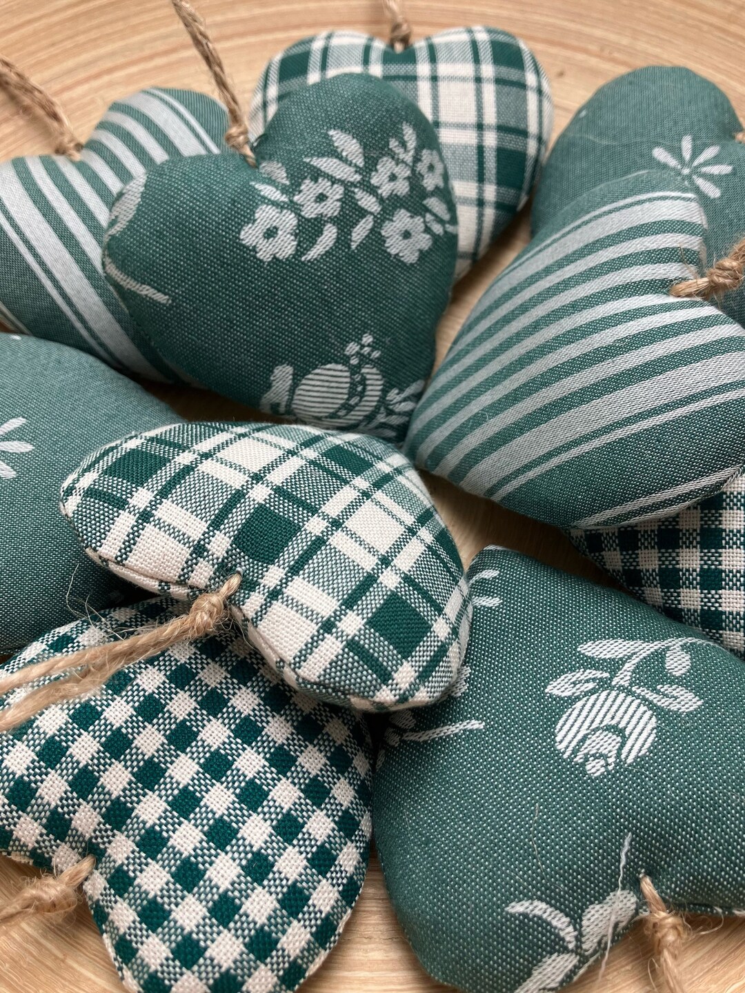 Fabric Hanging Hearts in Dark Green Color Palette Made From Canvas and ...