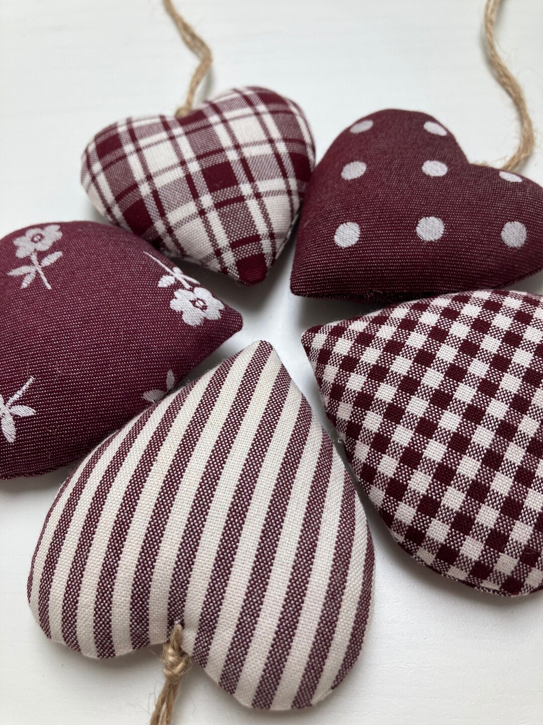 Fabric Hanging Hearts in Burgundy Color Palette Made From Canvas and ...