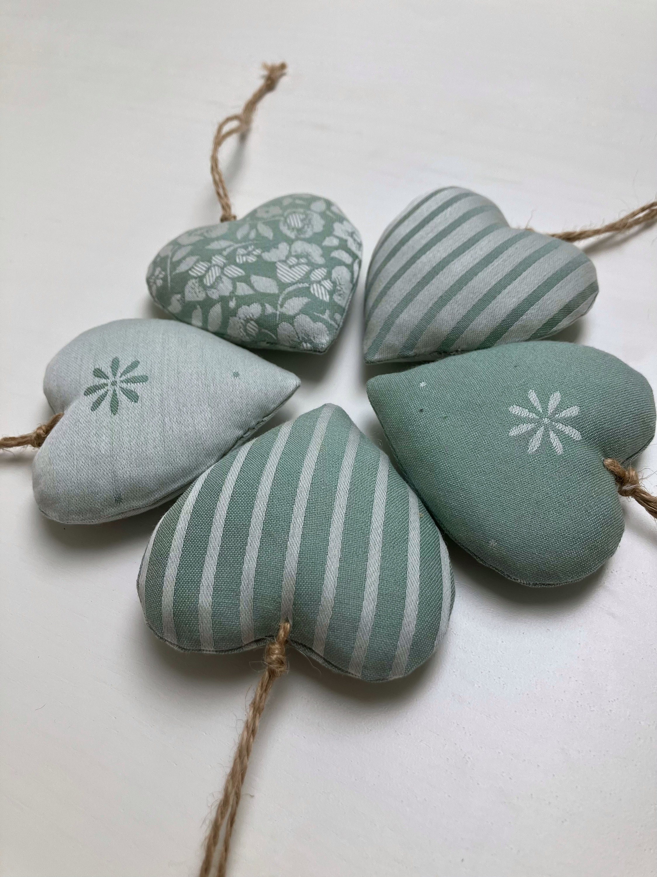 Fabric Hanging Hearts in Sage Green Color Palette Made From Canvas and ...