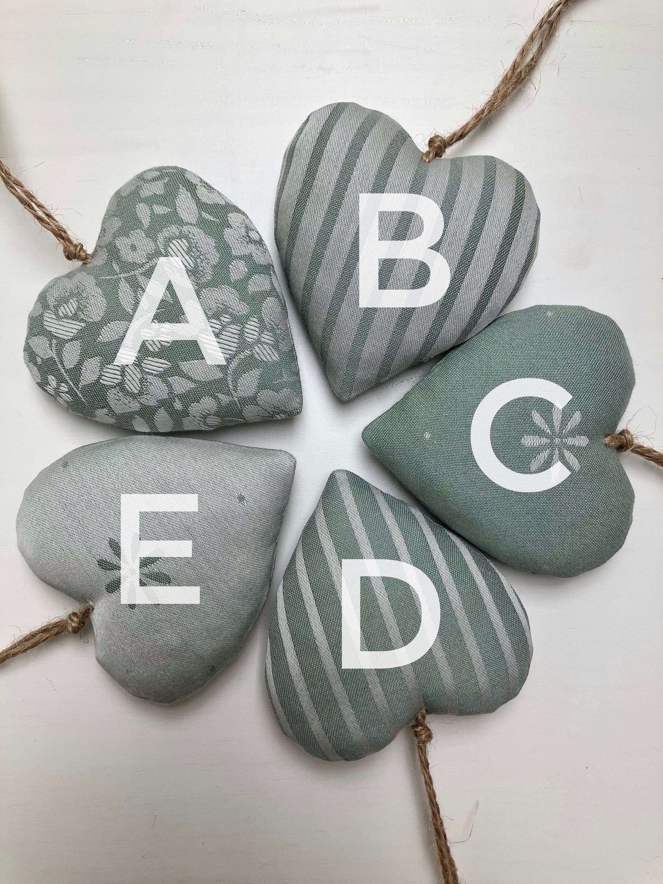 Fabric Hanging Hearts in Sage Green Color Palette Made From Canvas and ...
