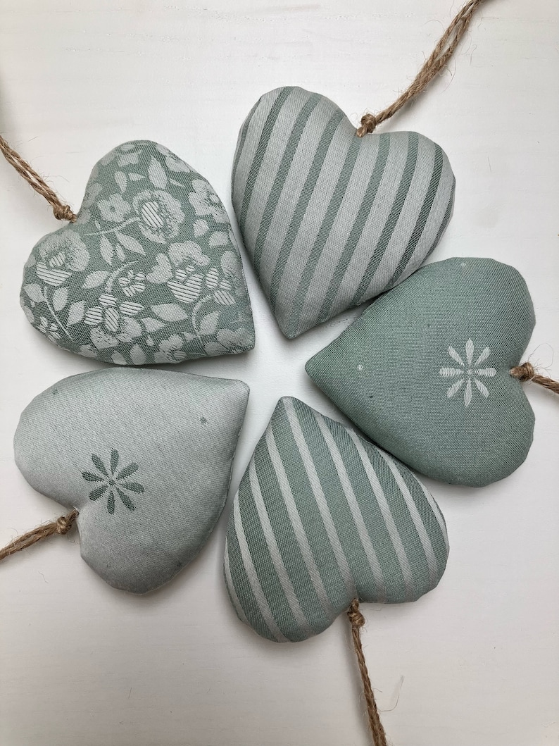 Fabric Hanging Hearts in Sage Green Color Palette Made From Canvas and ...