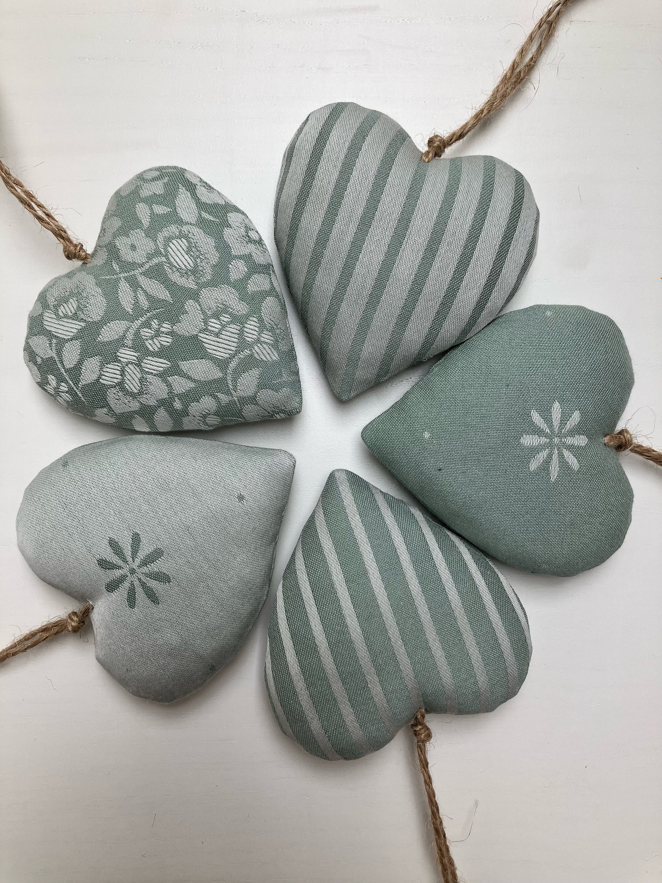 Fabric Hanging Hearts in Sage Green Color Palette Made From Canvas and ...