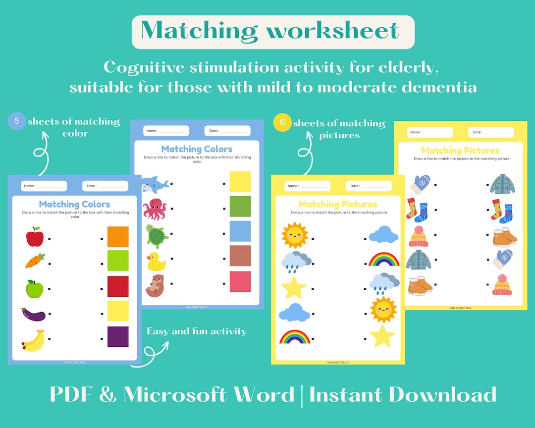 15 Matching Worksheet, Cognitive Stimulation, Dementia, Alzheimers ...