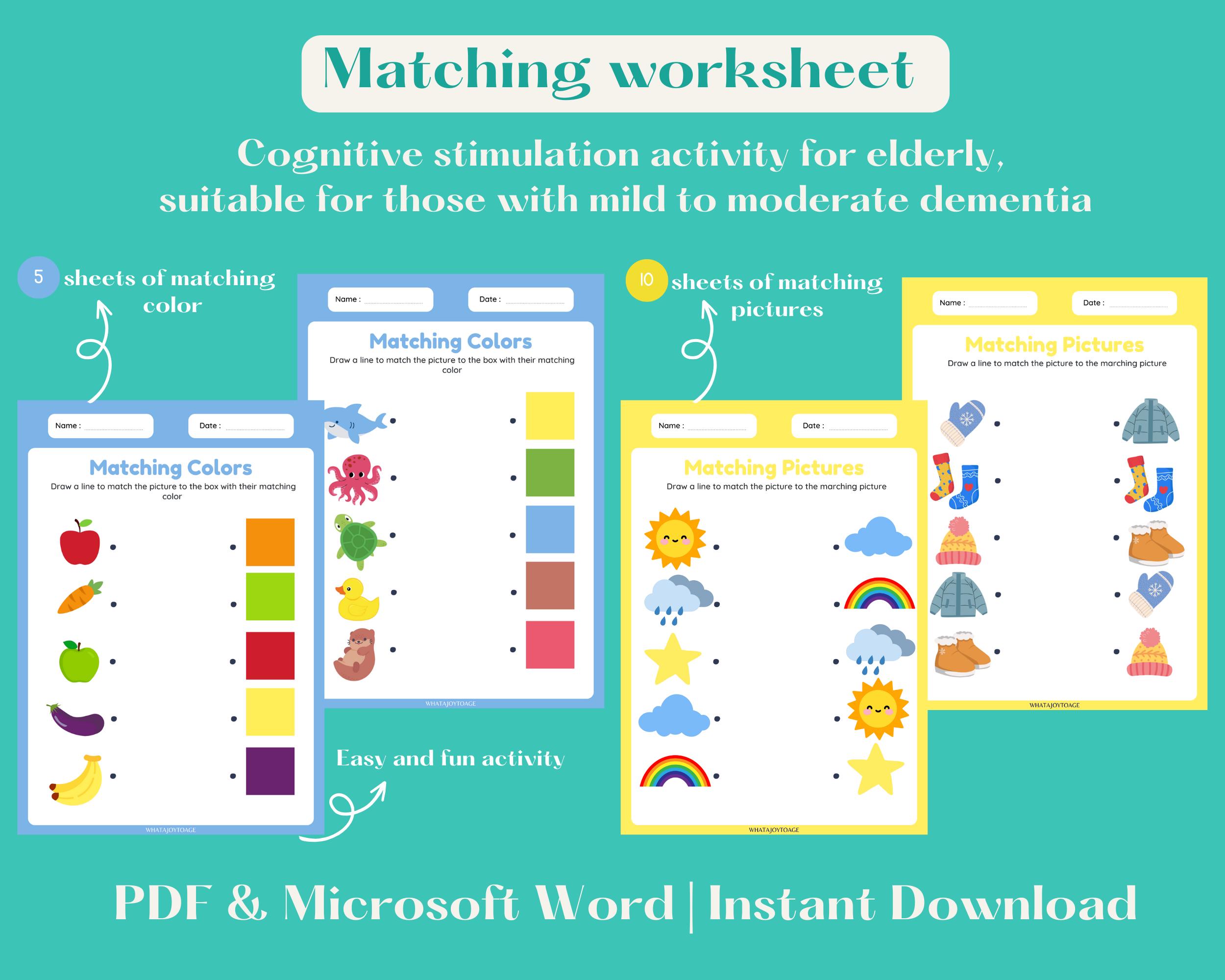 15 Matching Worksheet, Cognitive Stimulation, Dementia, Alzheimers ...