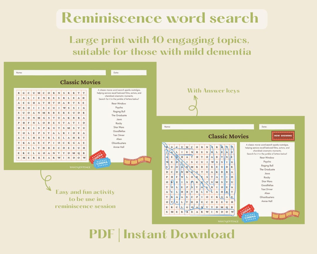 Reminiscence Word Search Puzzle With Answer Sheet, Printable Word ...
