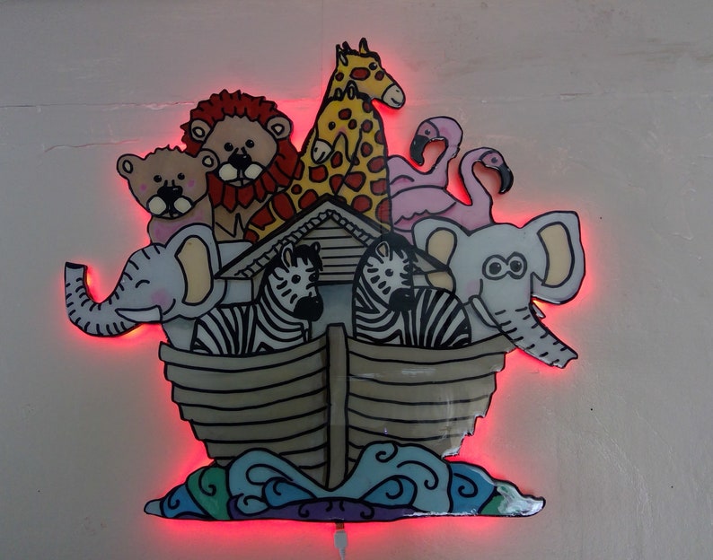 The Ark Wood Cutout Wall Art Painting Colorful Animals LED Lights and ...