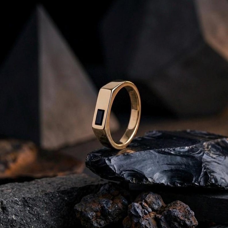 Black Onyx Signet Ring for Men, 925 Sterling Silver Gold Plated Ring ...