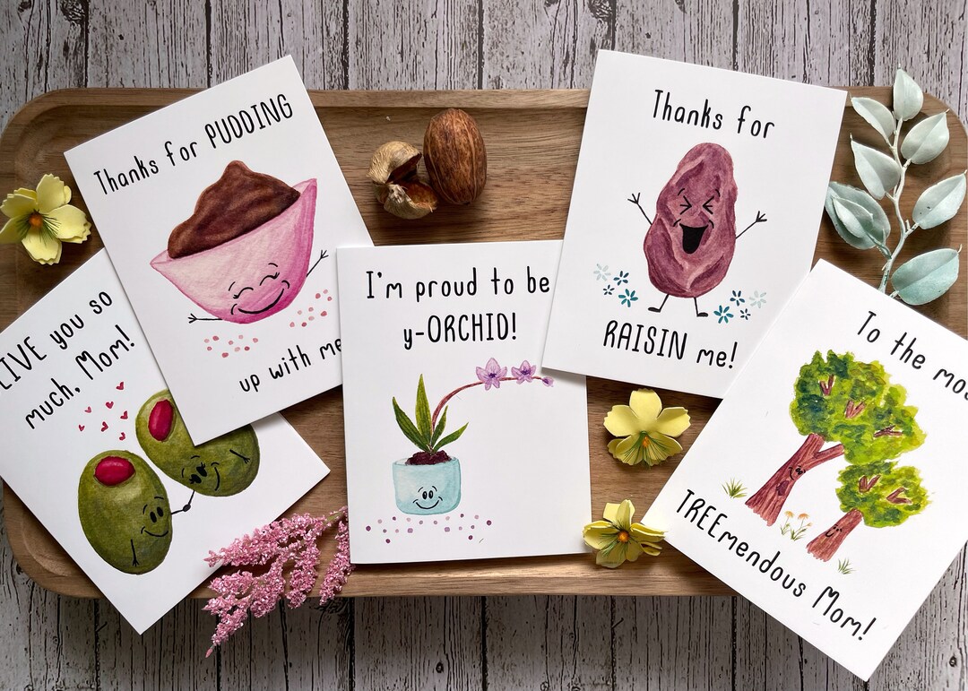 Mother's Day Pun Greeting Cards Watercolor Illustrations (individual or ...