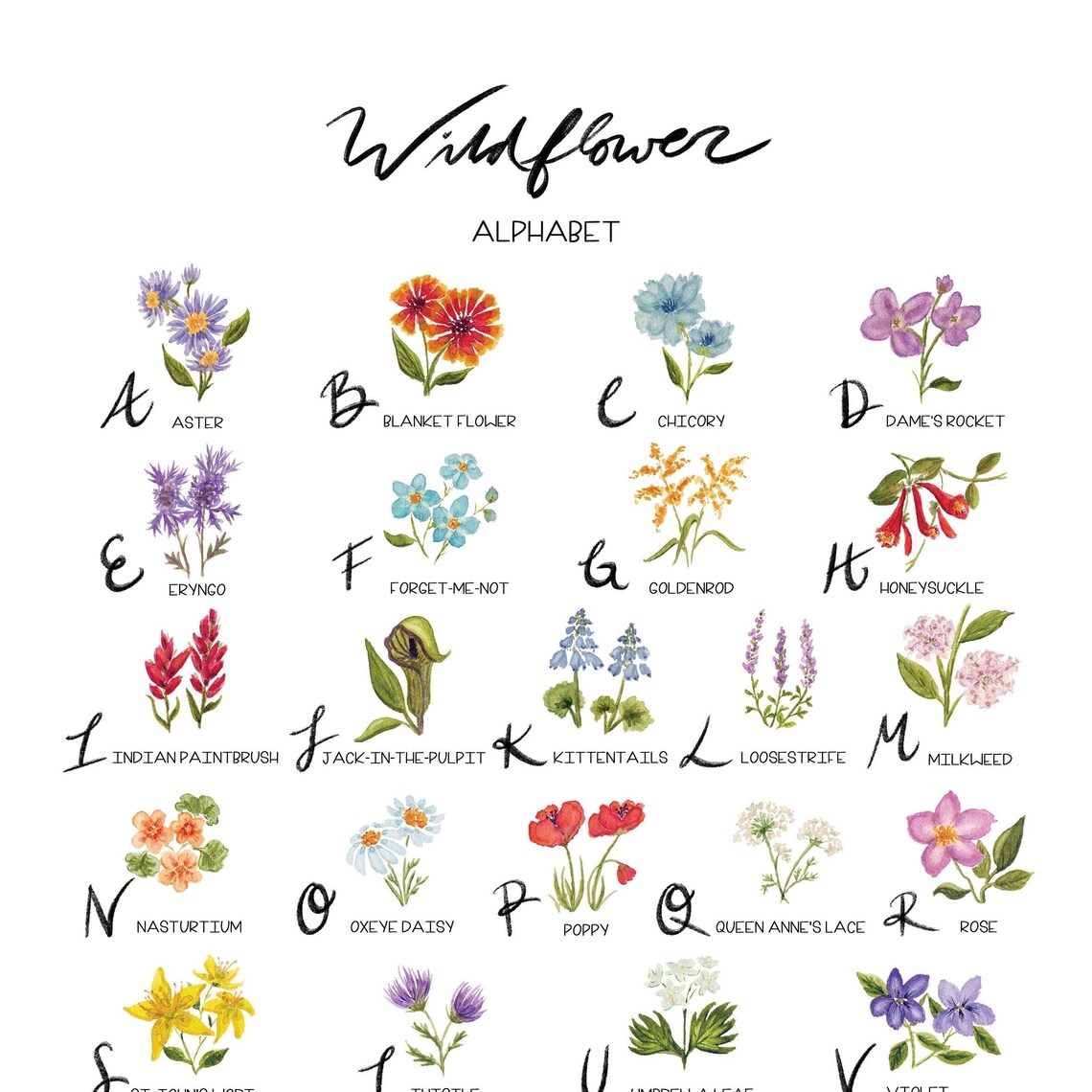 Wildflower Alphabet Watercolor Print Nursery Decor, Home Decor, Office ...