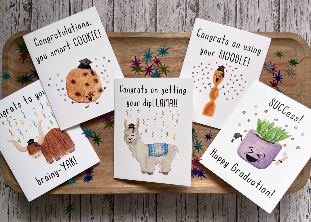 Graduation Pun Greeting Cards Watercolor Illustrations (individual or 5 ...