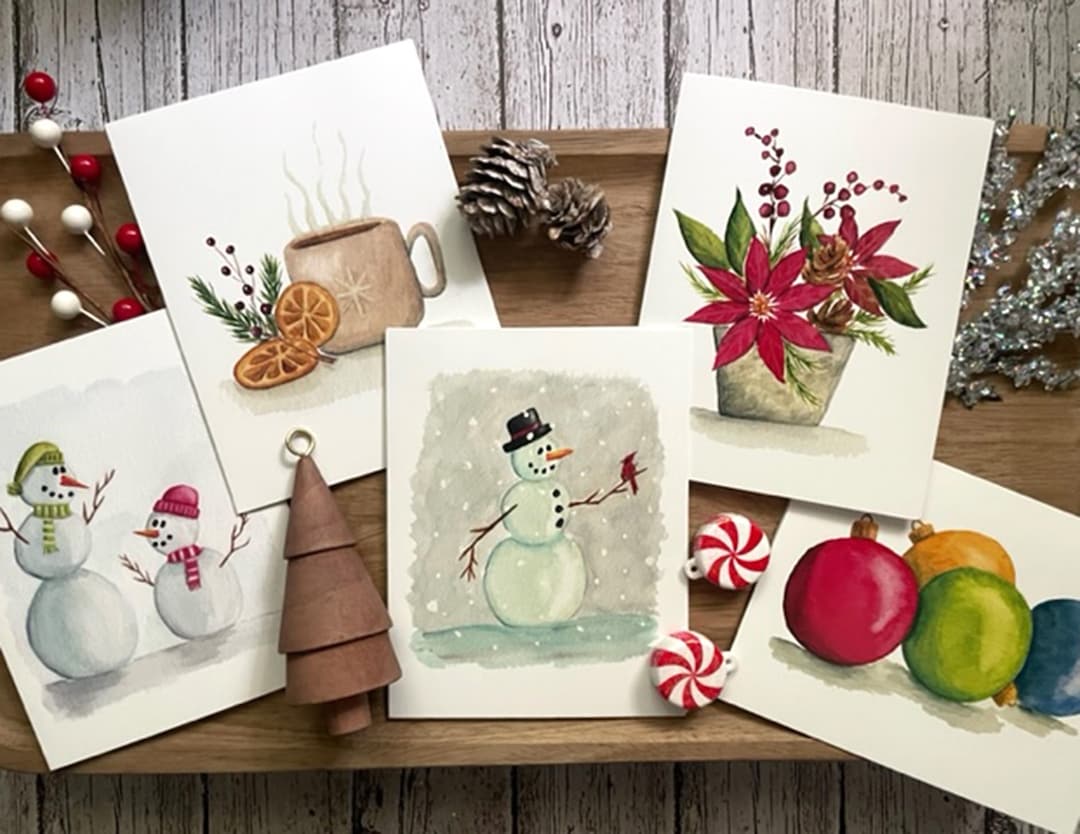 Christmas Watercolor Greeting Cards (individual or 5 Pack), Blank ...