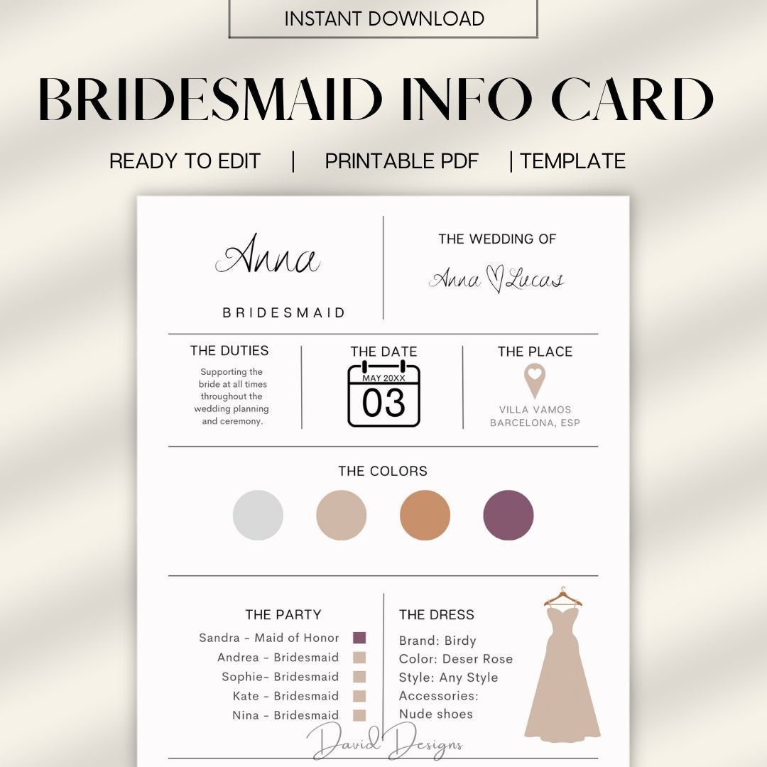 Bridesmaid Info Card Template, Printable Card, Bridal Party Info Card ...