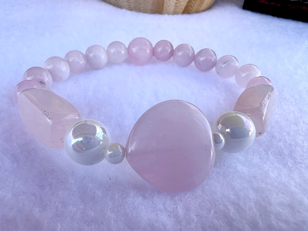 Rose Quartz Heart Bracelet, Natural Rose Quartz Crystal, Rose Quartz ...