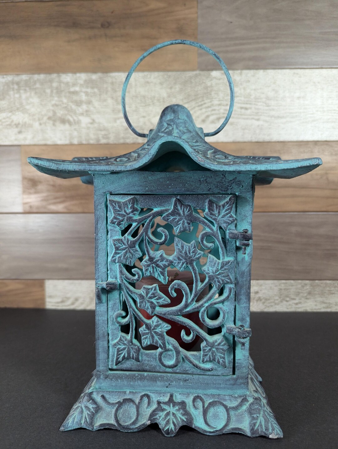 Vintage Partylite Pagoda Patina Green Ivy Garden Lantern Metal Candle ...