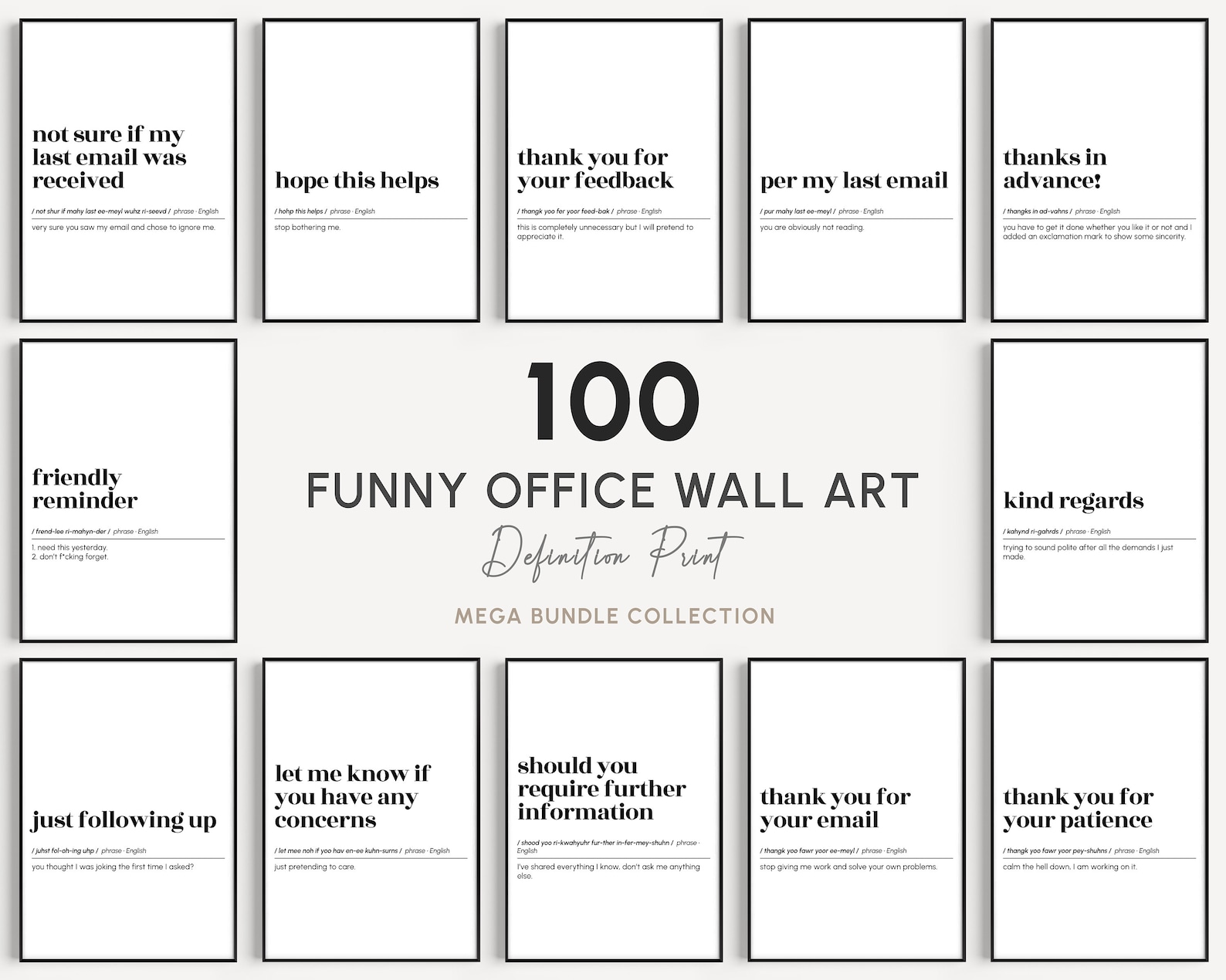 Funny Office Wall Art Set, 100 Prints Mega Bundle, Cubicle Decor ...