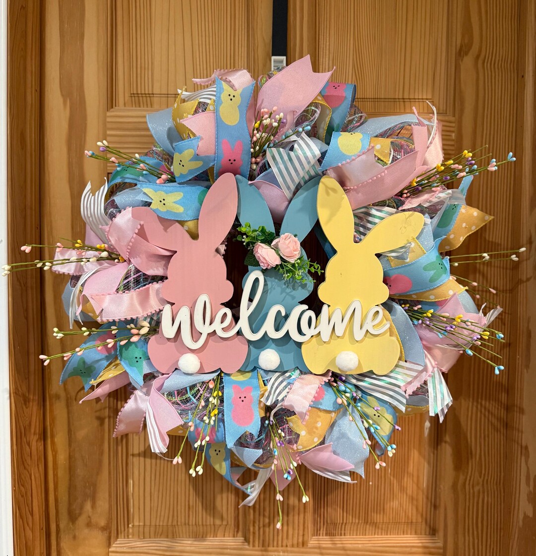 Welcome Bunnies Colorful Wreath XL Fun Artificial Decor Wreath Welcome ...