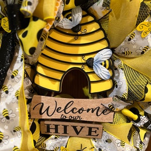 Welcome to Our Hive Bee Themed XL Fun Decoration Wreath Bee Happy Bee ...