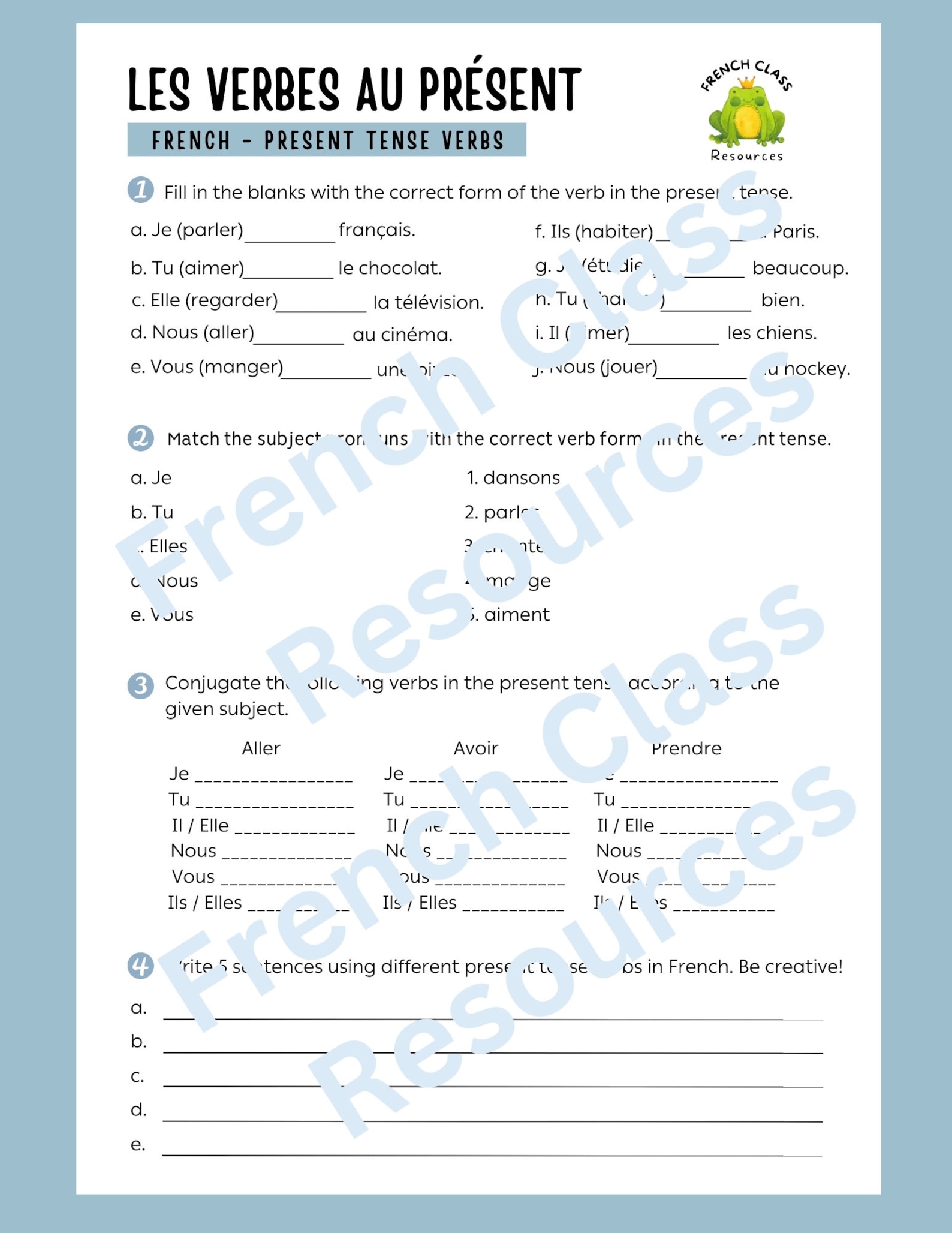 French Verbs - Present Tense Worksheet (present Tense Verb Workheet ...