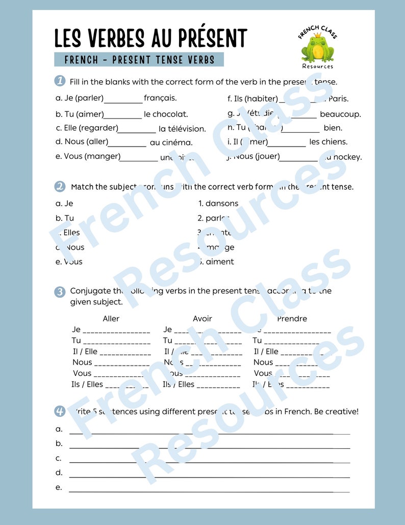 French Verbs - Present Tense Worksheet (present Tense Verb Workheet ...