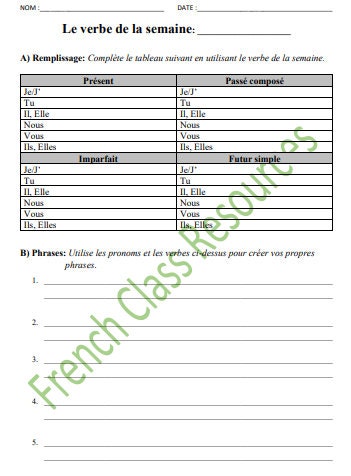 French Verb of the Week Worksheet (francais, Home Learning, French ...