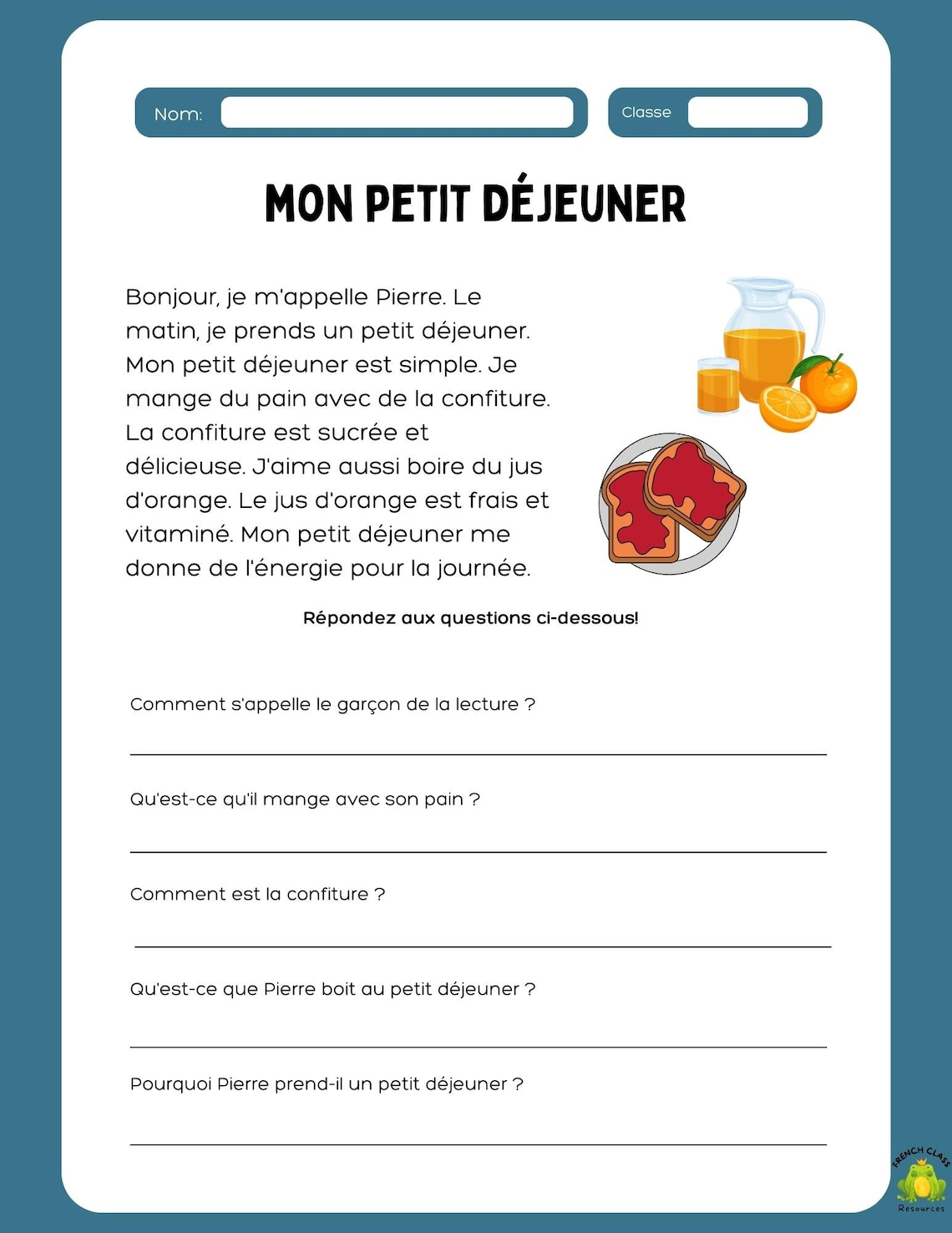 Basic French Reading Comprehension #2 (french Learning, Classroom ...