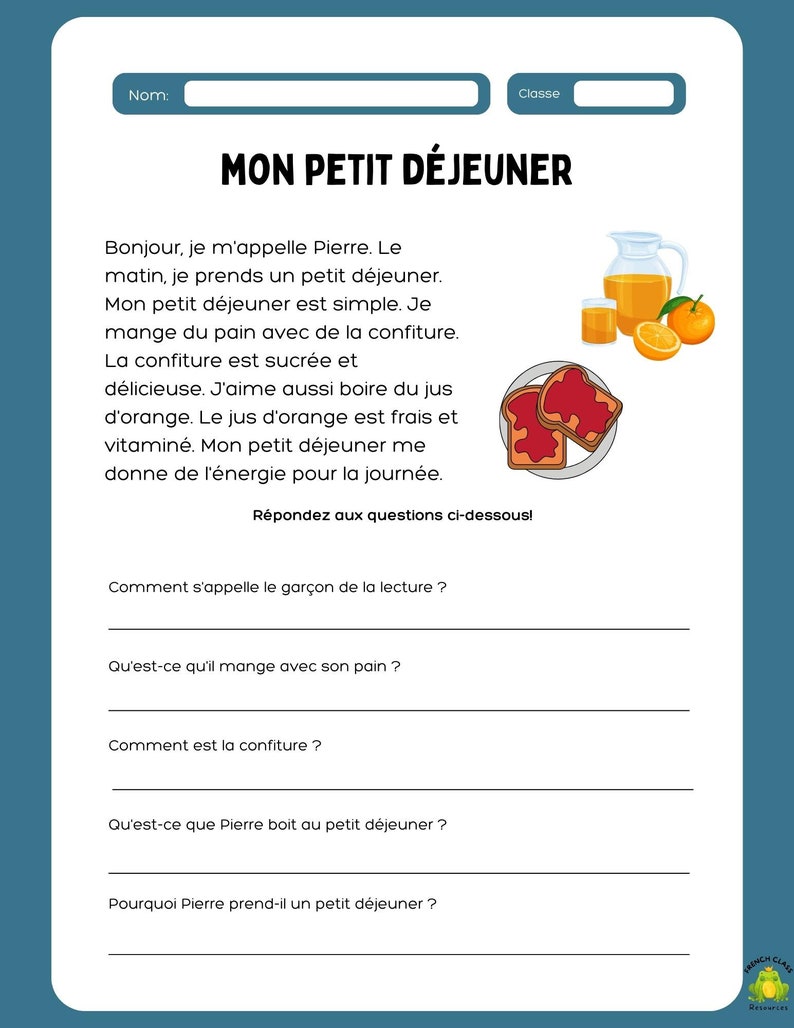 Basic French Reading Comprehension #2 (french Learning, Classroom ...