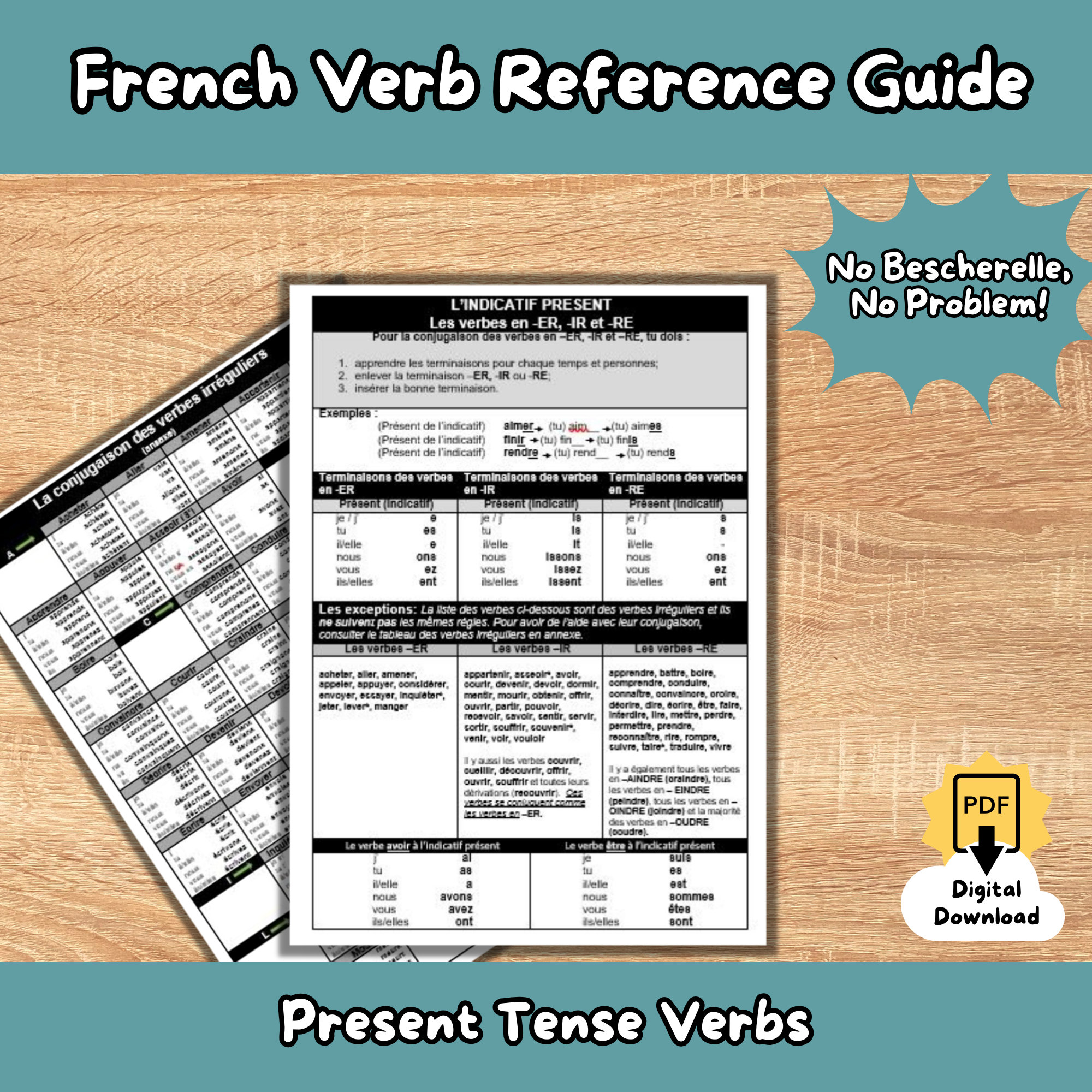 French Verb Conjugation (present Tense Verb Cheat Sheet, Francais ...