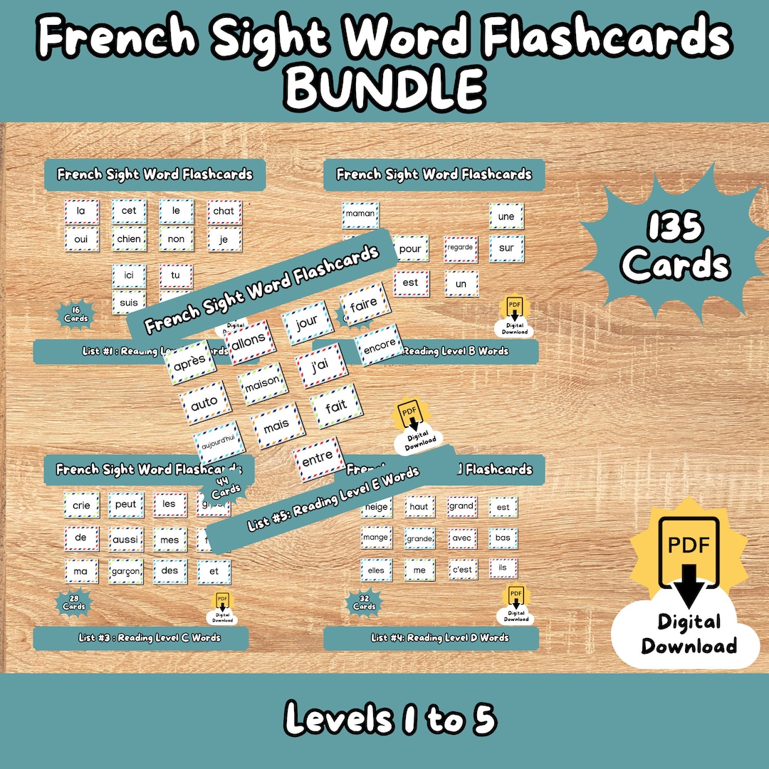 French Sight Word Flashcards (BUNDLE 1-5) - Basic French Learning ...