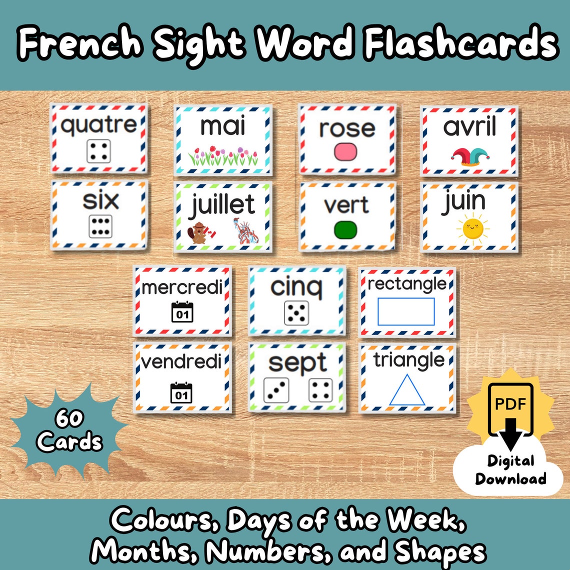 French Sight Word Flashcards - Shapes, Colors, Days of the Week, Months ...