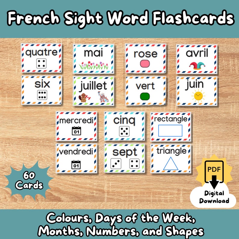 French Sight Word Flashcards - Shapes, Colors, Days of the Week, Months ...