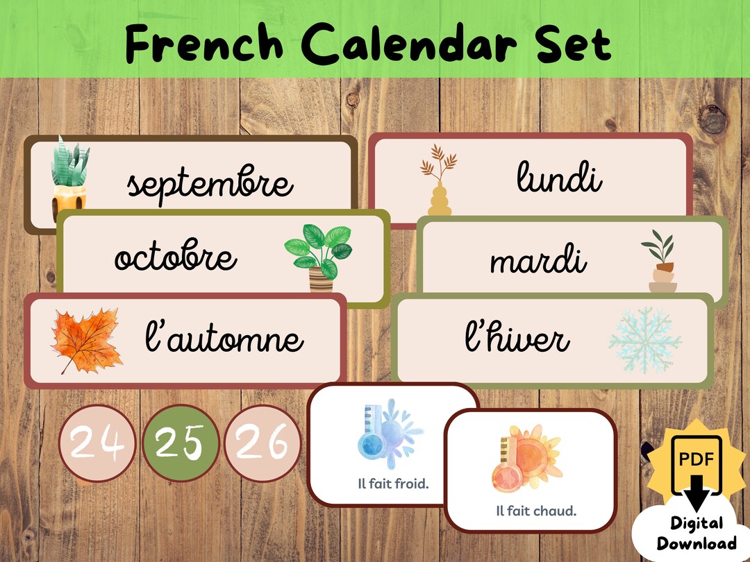 French Calendar Set classroom Decor, French Days of the Week, French ...