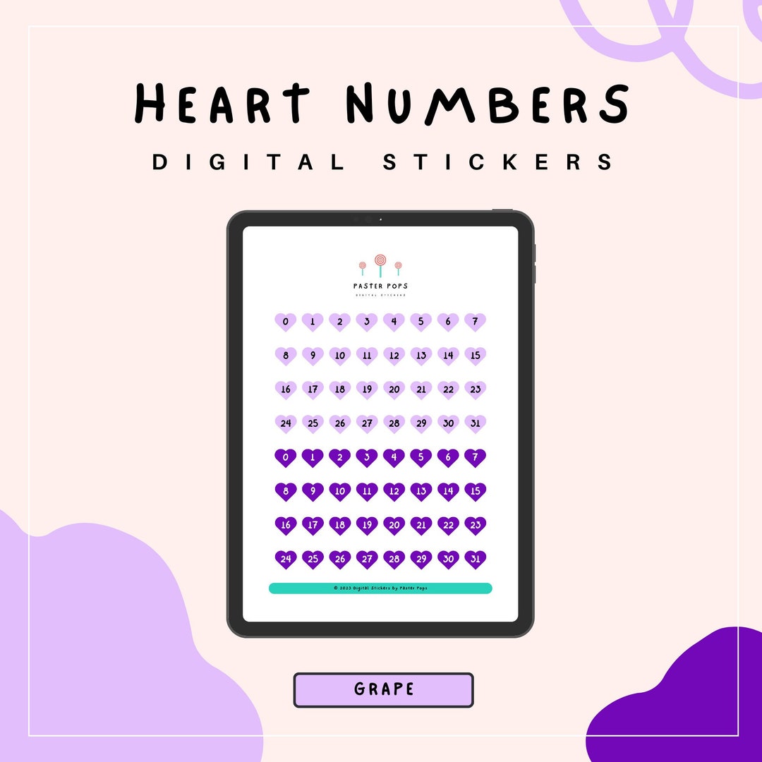 Purple Heart Number Stickers, Digital Date Stickers for Planners ...