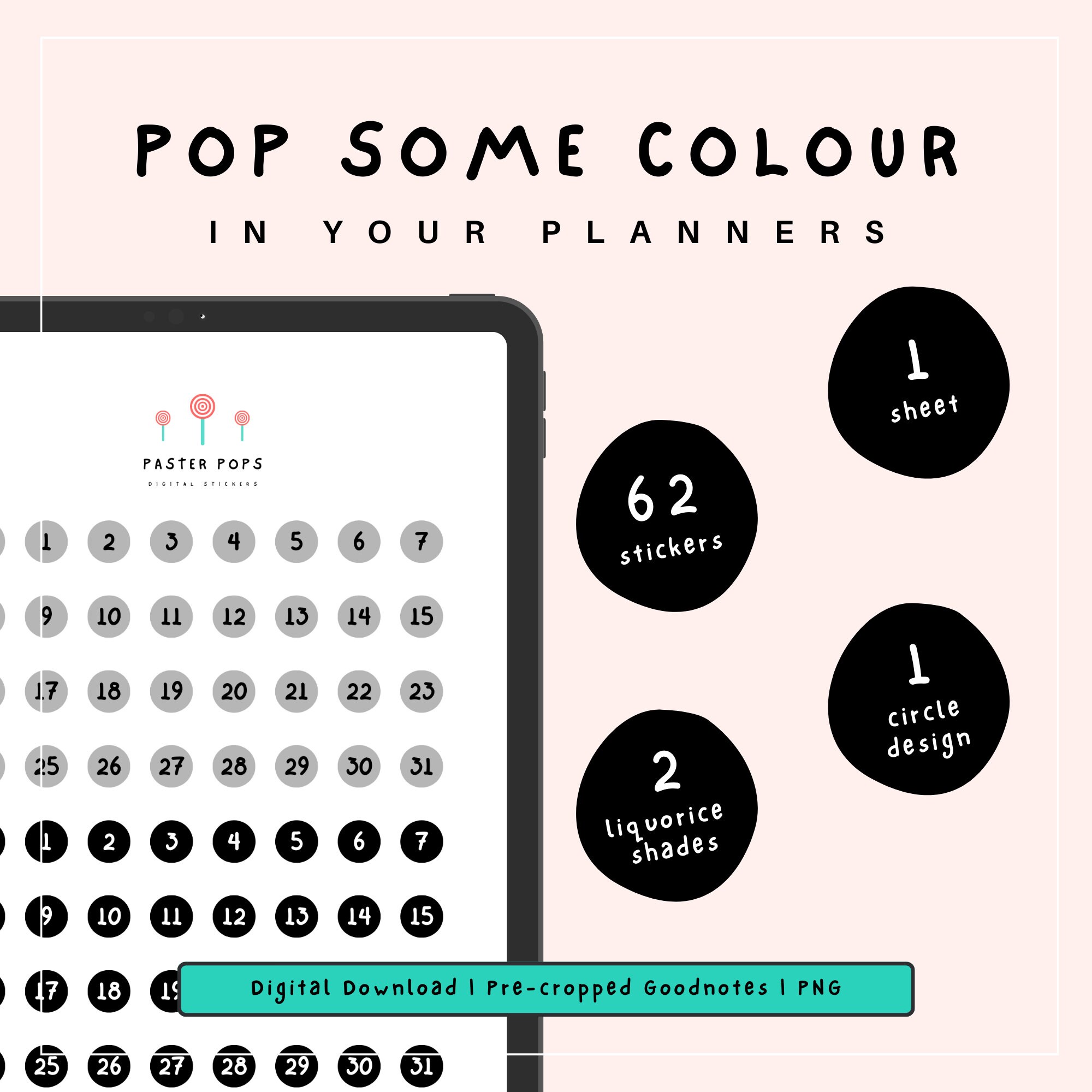 Black Circle Number Stickers, Digital Date Stickers for Planners ...