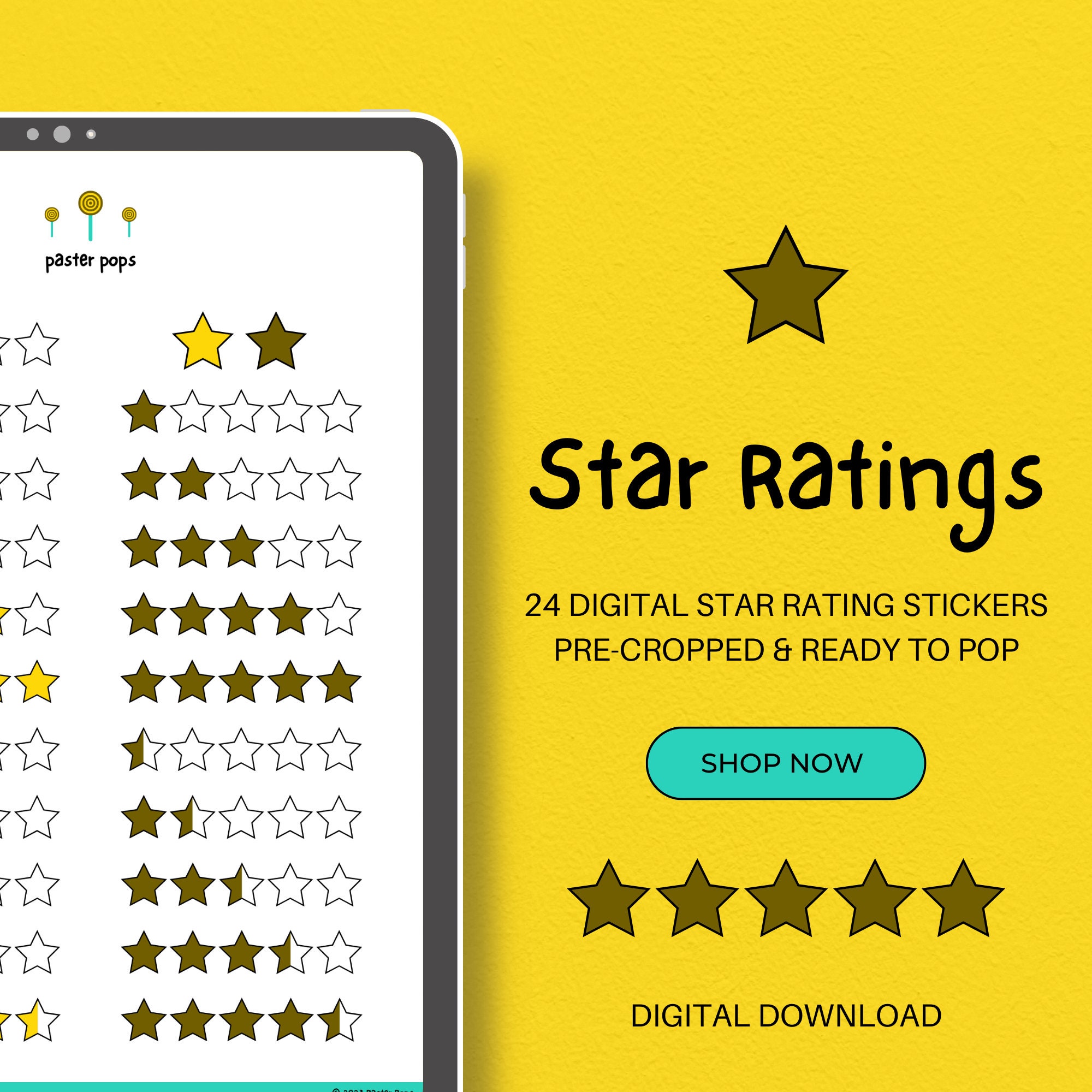Yellow Star Ratings Digital Stickers, Half and Full Star Ratings, Great for Book Review, Pre ...